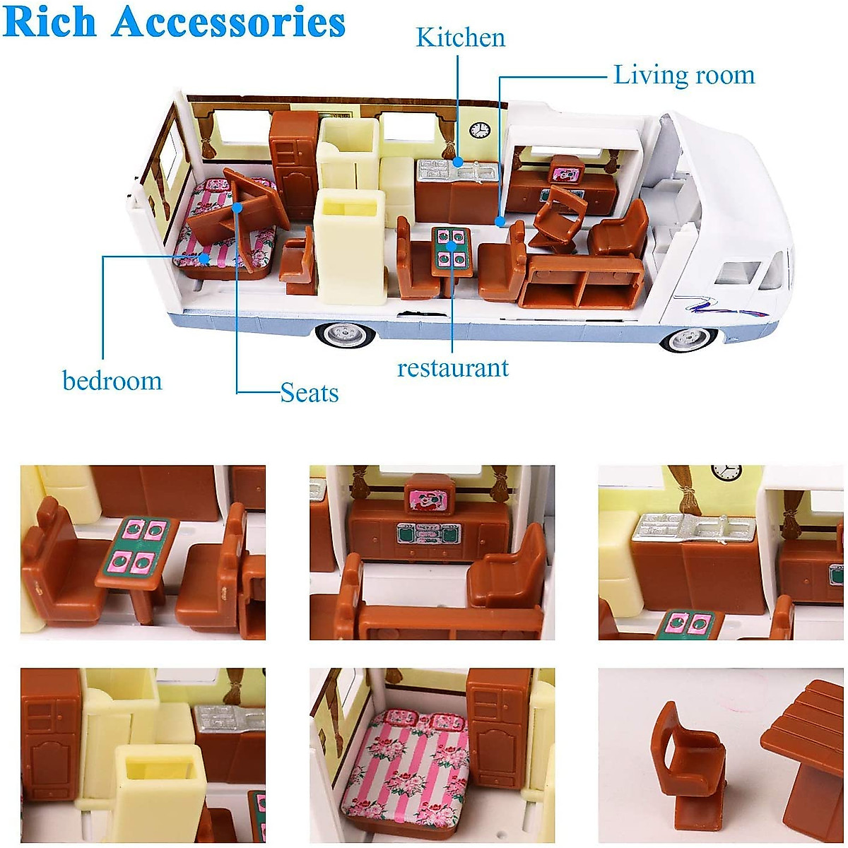 HAPTIME Cool Mini Motorhome Toy Die-cast Car Pullback Recreational Vehicle Pull Back RV with DIY Furnitures Holiday Camper Van Model for Kids Children Gift 7.6 inch (White)