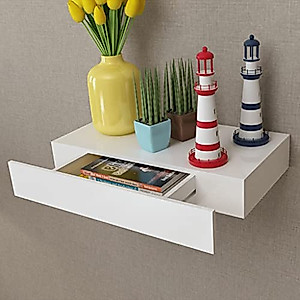 OnlineGymShop CB19469 MDF Floating Wall Display Shelf 1 Drawer Book & DVD Storage44; White