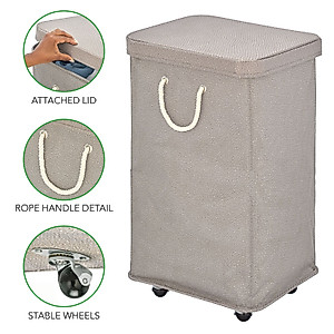 mDesign Large Polyester Rolling Laundry Hamper with Wheels, Removable Lid, and Rope Carrying Handles - Collapsible Hampers with Wheels for Compact Storage - Tall Single Compartment Basket - Taupe