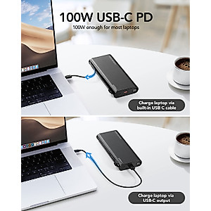 VEGER 25000mAh Portable Laptop Charger with Built-in Cables, Laptop Power Bank 100W PD/PPS Fast Charging Battery Pack (Total 130W) for MacBook Dell XPS iPad iPhone 14/13/12 Series, Samsung, More