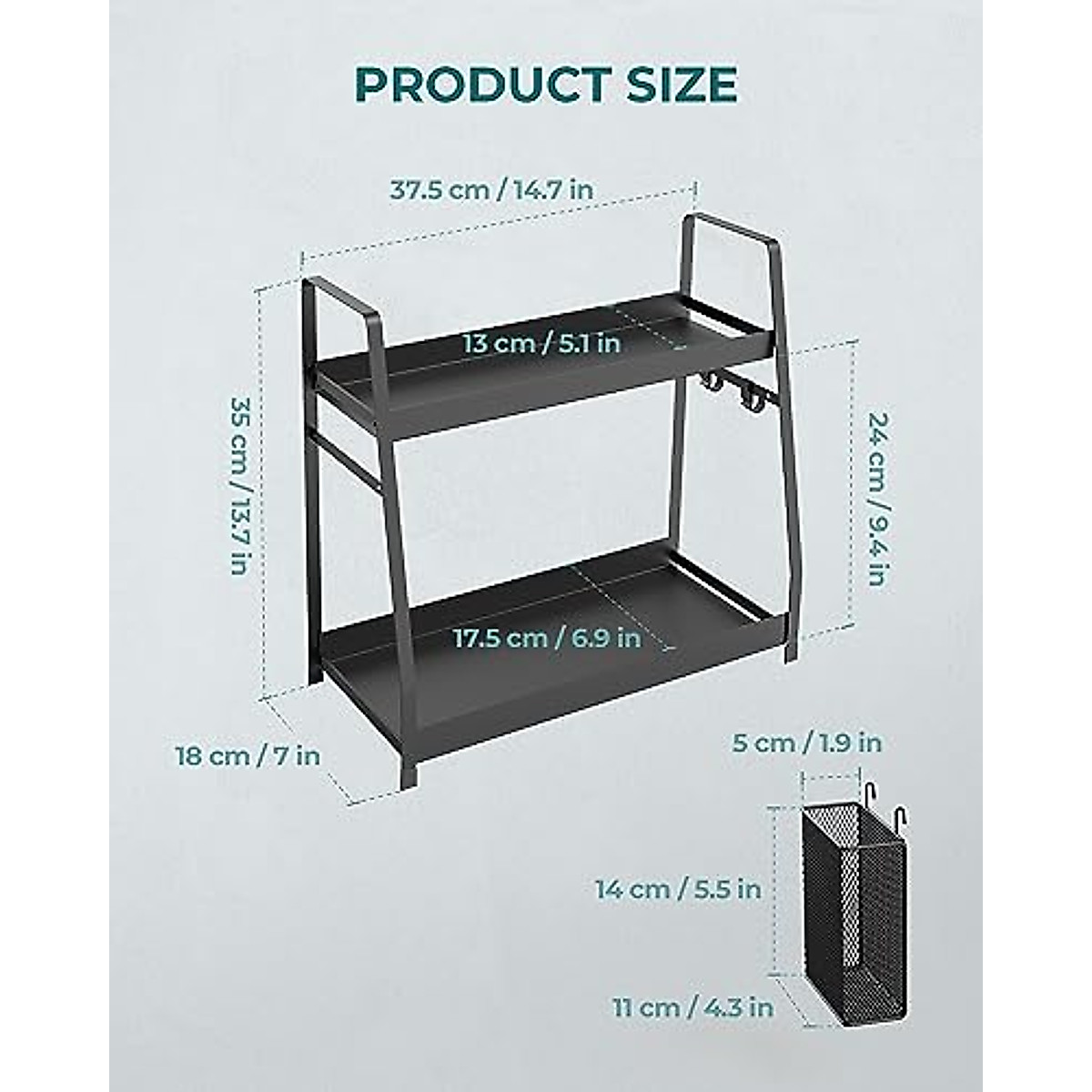 OROPY 2 Tier Spice Rack for Countertop, Height Adjustable Metal Standing Kitchen Storage Organizer Shelf, Counter Shelf for Cabinet,Pantry,Bathroom,Bedroom, with Hanging Basket