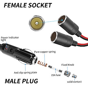 Car Cigarette Lighter Y Splitter Cable YACSEJAO 14AWG 2FT 12V/24V 1 to 2 Car Cigarette Lighter 2-Way Extension Cord