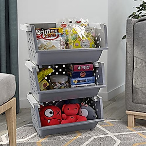 Utiao 3 Pack Gray Large Stacking Basket Bin, Open Front Stackable Storage Baskets