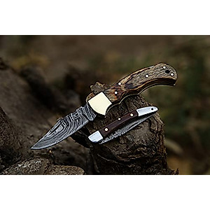 BCK Pocket Knife 4 Pcs Set 6.5" Handmade Damascus Folding Knife Back lock knife Damascus Hunting Knife with Sheath Damascus Pocket Knife for men 100% Prime Quality camping Knife (Brown Wood)