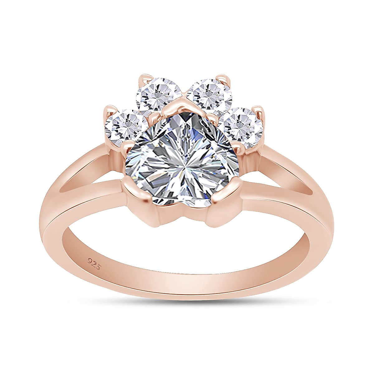 Wishrocks Heart & Round Cut White Cubic Zirconia Paw Print Ring Jewelry For Women In 14k Rose Gold Over Sterling Silver Ring Size- 6.5