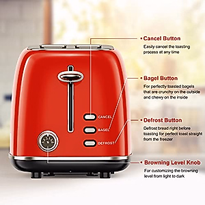 Galanz 2-Slice Toaster, 1.5" Extra Wide Slots for Bagels & Thick Bread, Defrost and 6 Browning Levels, Includes a Dust Lid & Removable Crumb Tray, Retro Red