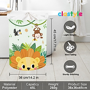 Clastyle 45L Large Green Jungle Lion Kid Laundry Hamper with Handle Collapsible Monkey Bird Clothes Toy Storage Basket with Lid for Nursery