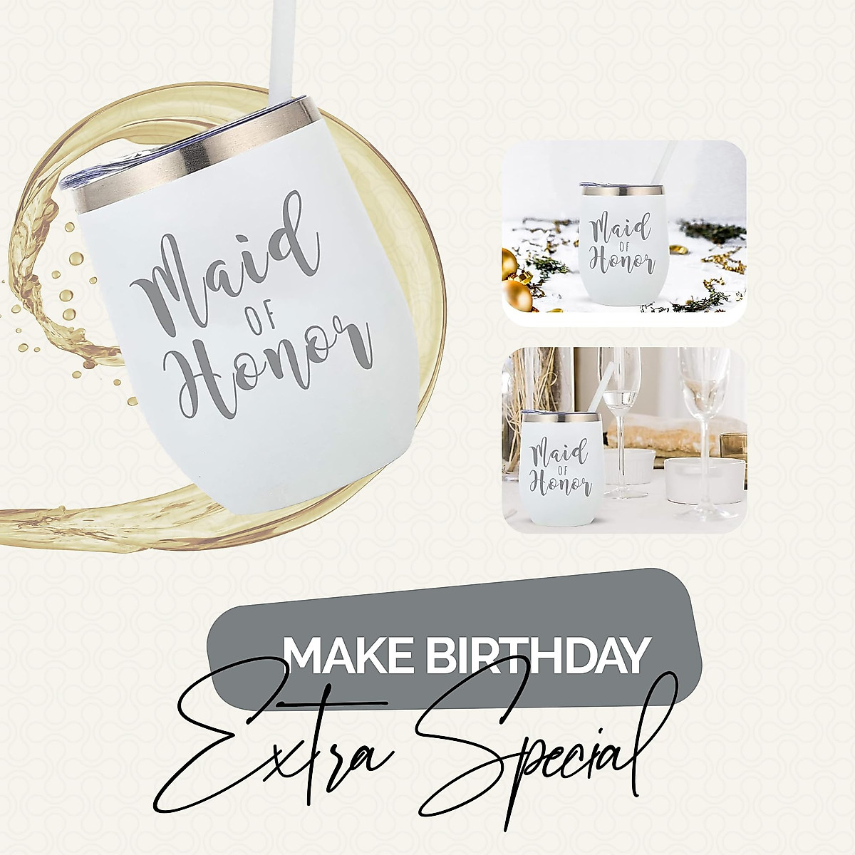 Your Dream Party Shop Maid of Honor Gifts Tumbler Cup, White Powder Coated Stainless Steel 12oz Stemless Proposal Wine Glass Maid of Honor Cup, Bridesmaid Tumblers (Maid of Honor)