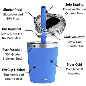 CUPKIN Stackable Stainless Steel Kids Cup Smoothie Tumbler, Powder Coated Insulated Tumblers, BPA Free Lid and Silicone Straw 8 Fl Oz (Pack of 1), Blue