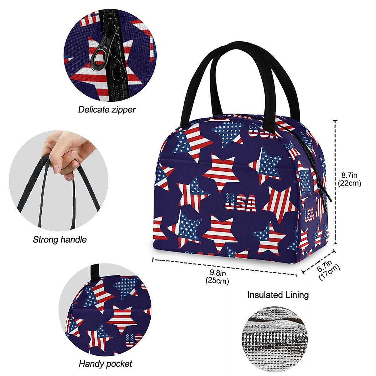 ZzWwR Usa Patriotic American Flag Stars Reusable Lunch Tote Bag with Front Pocket Insulated Thermal Cooler Container Bag for Back to School Work Travel Fishing Picnic Beach