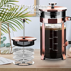 YMMIND French Press Coffee Maker 304 Stainless Steel Coffee Press,with 4 Filters System, Heat Resistant Thickness Borosilicate French Press Glass, BPA-Free Brewed Tea Pot Coffee Plunger