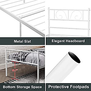 Twin Bed Frames White with Storage for Girls Boys Adults, No Box Spring Needed Single Platform Bed Duty Metal Slats Support Mattress Foundation with Headboard