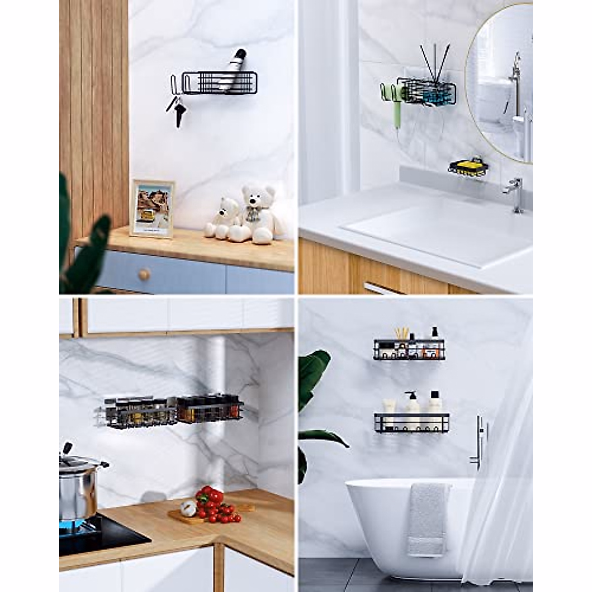 Black Shower Caddy, 4 Packs Self Adhesive Shower Shelves, Bathroom Shower Organizer with 8 hooks, No Drilling Rustproof Stainless Steel Shower Shelf for Inside Shower Wall