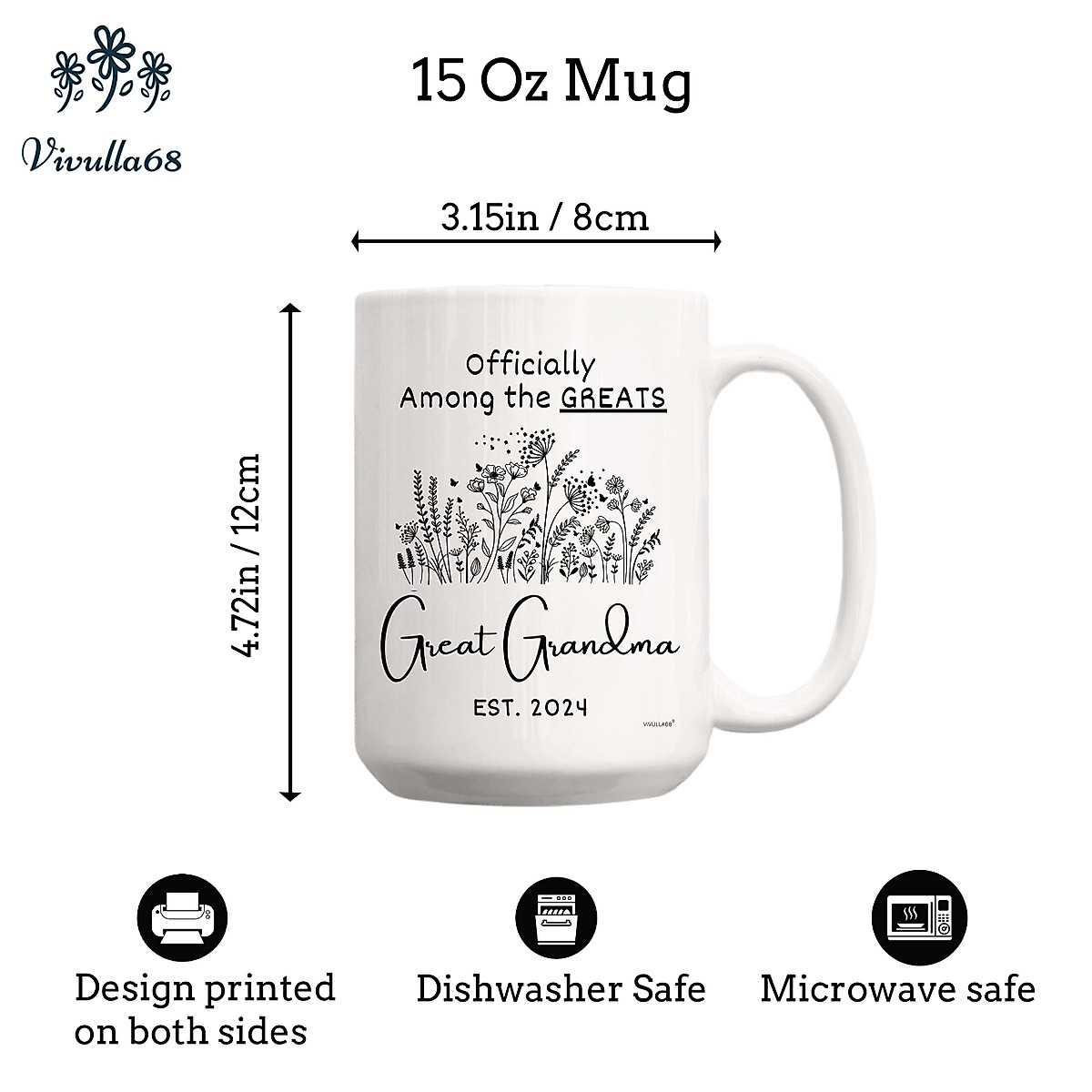Vivulla68 Ceramic Mug - Great Grandma 2024, 425.243g, Microwave Safe, for Hot Drinks, Mother's Day, Pregnancy Announcement Gift