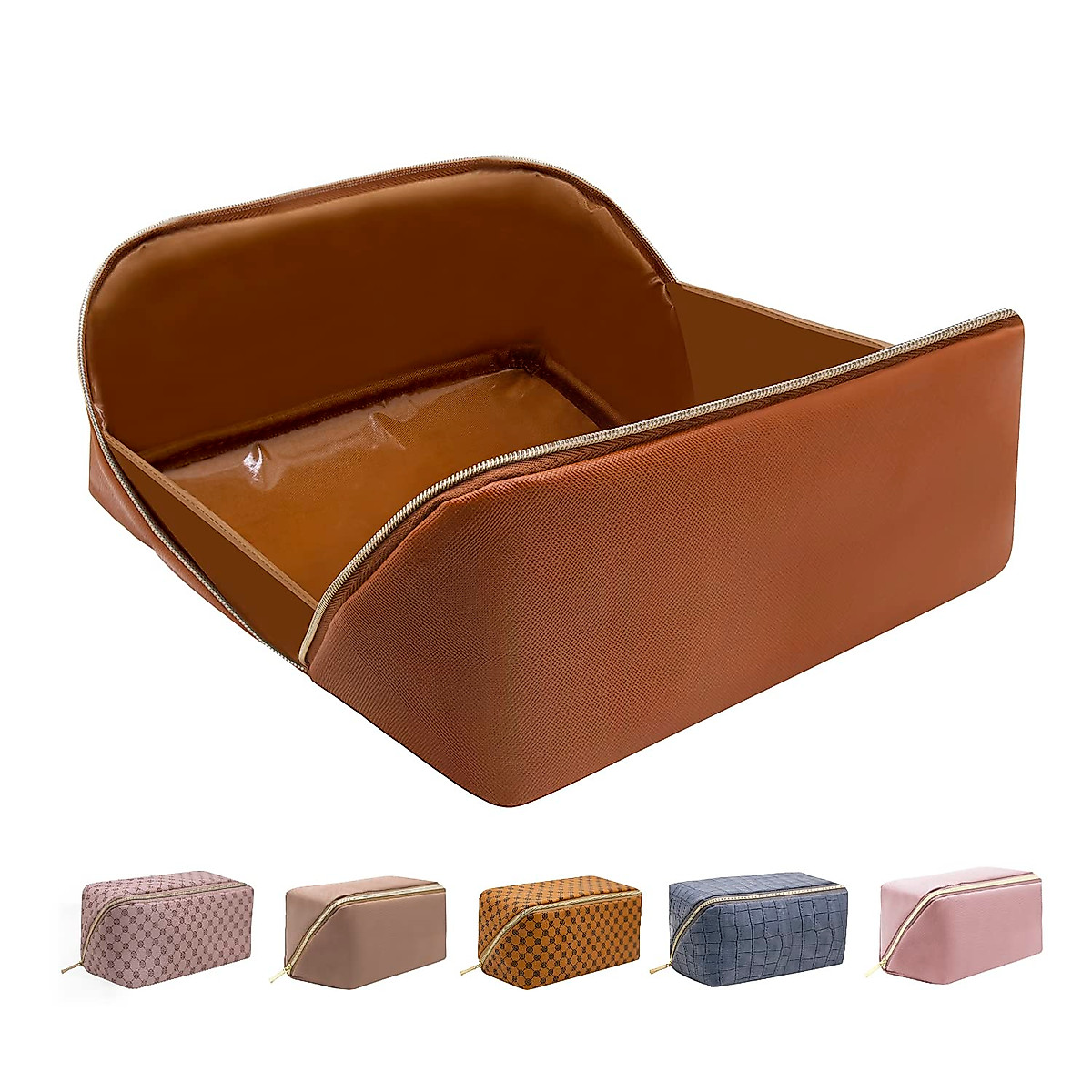 Makeup Bag,Large Capacity Travel Cosmetic Bag for Women, Multifunctional Open Flat Toiletry Bag with Handle,Washable Waterproof Beauty Zipper Makeup Organizer (Synthetic leather, brown)