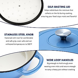 E-far 6 Quart Enameled Cast Iron Dutch Oven with Lid, Round Dutch Oven Pot Nonstick Cookware for Braising, Stews, Roasting, Bread Baking, Cooking, Heavy Duty, Induction & Oven Safe - Blue