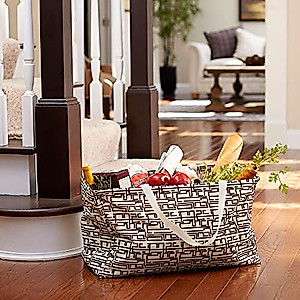 Household Essentials Canvas Utility Tote with Handles, Rectangular Krush Tote, Water-Resistant Vinyl Lining, Large Capacity, Durable and Versatile, Tan Geometric Pattern