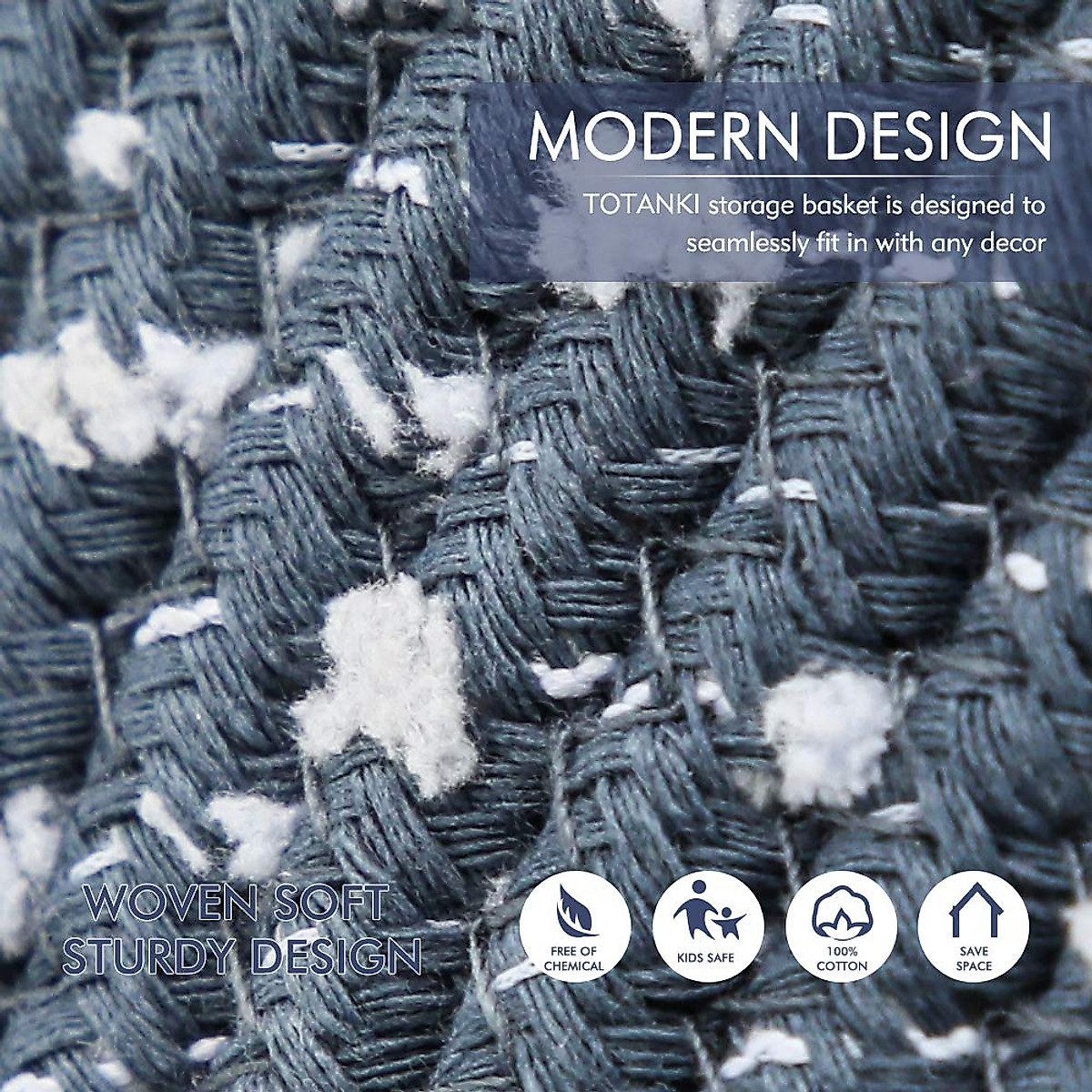 TOTANKI Large Cotton Rope Laundry Storage Basket - 15.7 Inches(D) x 19.7 Inches(H) - Collapsible Woven Basket with Leather Handles for Storing Clothing, Diapers, Toys (Blue)