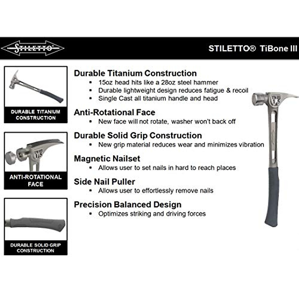 Stiletto TB3MC 15oz. Ti-Bone 3 Titanium Hammer with Milled Face, Curved Handle and New Improved Model Anti-rotational Face