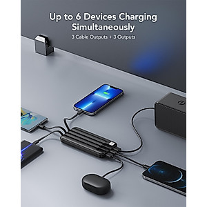 Portable Charger with Built in Cables, Portable Charger with Cords Wires Slim 10000mAh Travel Essentials Battery Pack 6 Outputs 3A High Speed Power Bank for iPhone Samsung Pixel LG Moto iPad