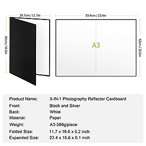 Meking 3 in 1 Photography Reflector Cardboard, 17 x 12 inches Folding Light Diffuser Board for Still Life, Product and Food Photo Shooting - Black, Silver and White, 2 Packs