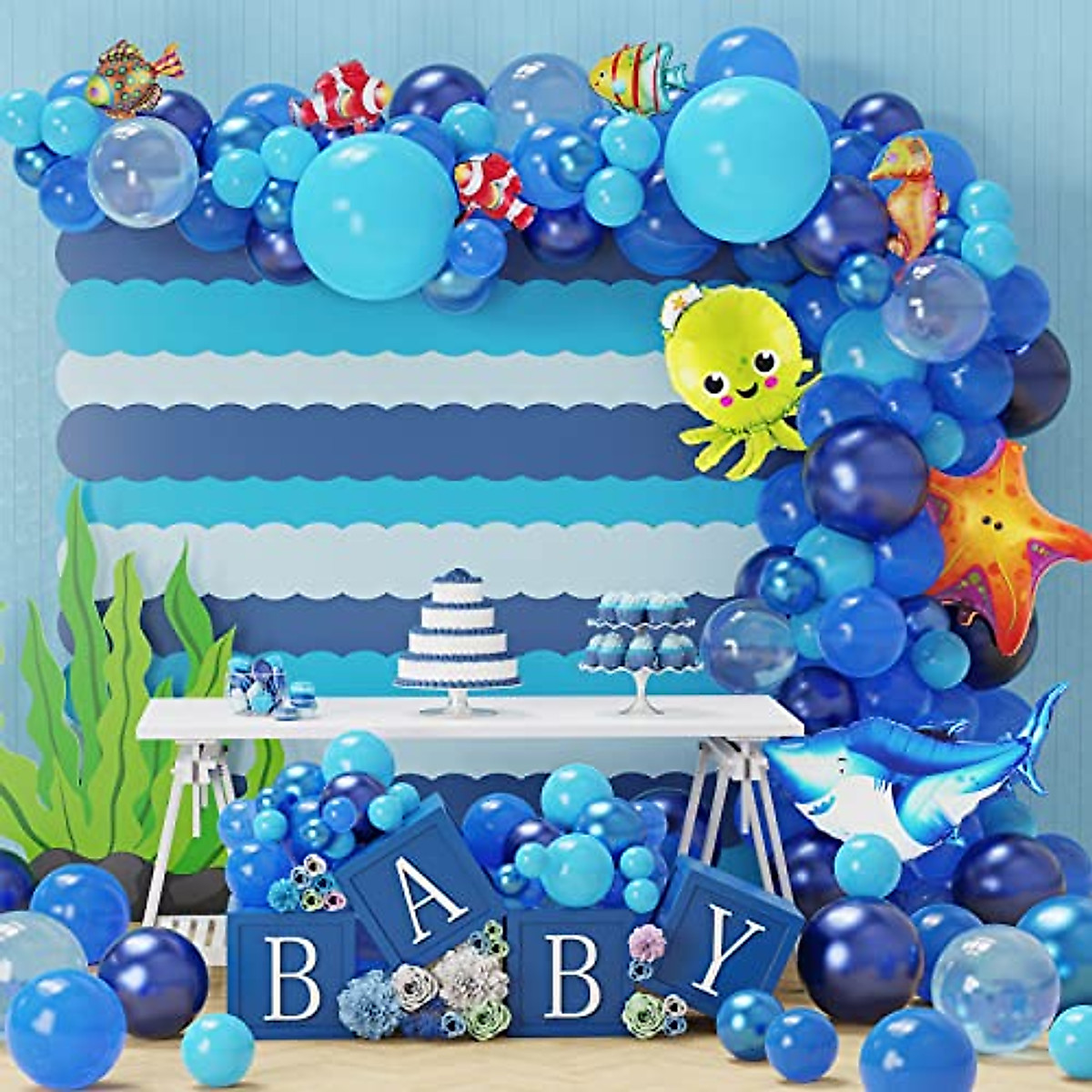 Ocean Animals Balloon Arch Kit-120pcs Midnight Blue Light Blue Metallic Blue with Different Ocean Animals Balloons for Birthday Party