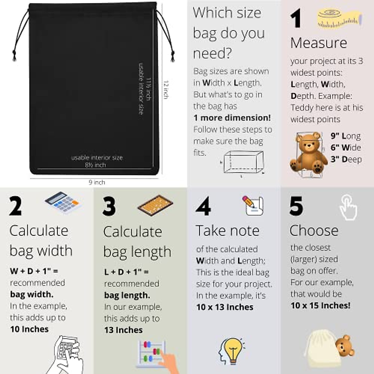 DR Cotton Blend Drawstring Bags for Storage, Shoes, Wardrobe, Pantry, Travel and Organization (7 x 12 inch - 12 pack)