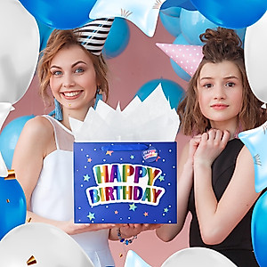 Usmilegift 13" Large Blue Birthday Gift Bag with Card and Tissue Paper, Reusable Gift Wrap Bag for Birthday, Party, Heartfelt Design with Handles(Colorful Happy Birthday)