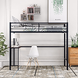 BOVZA Metal Loft Bed Twin Size with Desk, Ladder and Guardrails, for Kids Teens Adults, Black