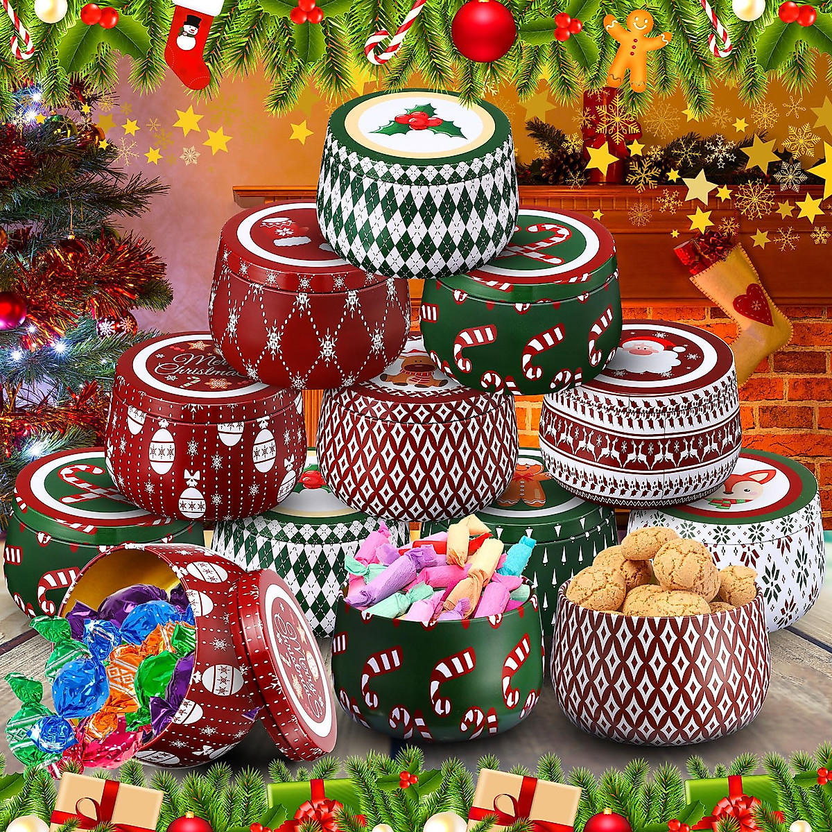 Uiifan 48 Pcs Christmas Candle Tins Cookie Tins Metal Candles Tin Gifts Jars with Lids 8 oz Candy Tinplate Retro Tins Round Containers for Candle Holiday Gift Giving Treat Biscuits Party Favors