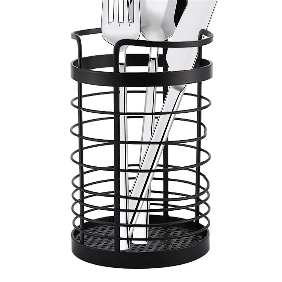 Wire Utensil Holder for Kitchen Counter, Metal Wire Cooking Utensils Holder, Spoon Fork Cutlery Drainer Organizer Shelves, Countertop Round Utensil Storage Caddy for Spatulas, Chopsticks, Spoons