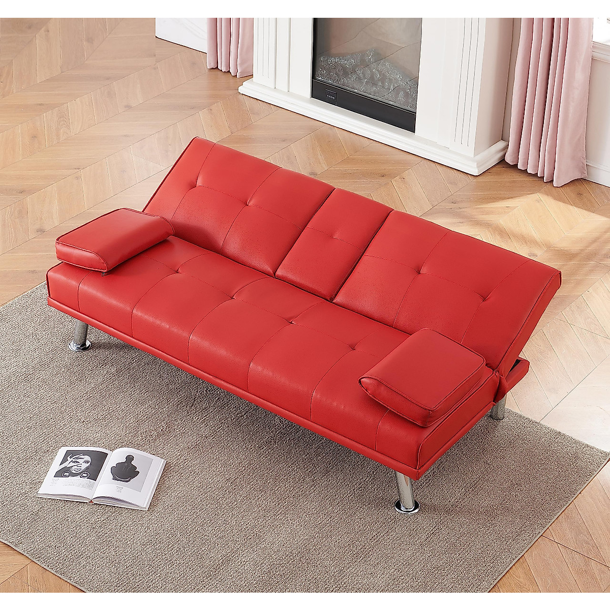 Anwick Modern Leather Futon Sofa Bed,Convertible Folding Couch Recliner Sleeper Loveseat for Small Space,Apartment,Office,Dorm,with Cup Holders and Removable Armrest (Red)