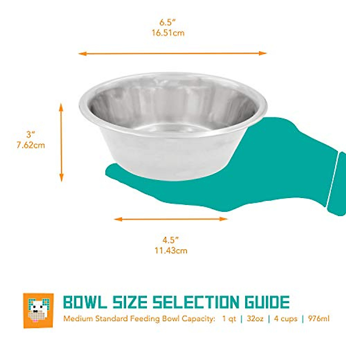 Fuzzy Puppy Pet Products Standard Feeding Bowl for Every Pet Size, Fits into Raised Feeders, Metallic Silver, Stainless Steel, 1 Quart (STFD-1Q)