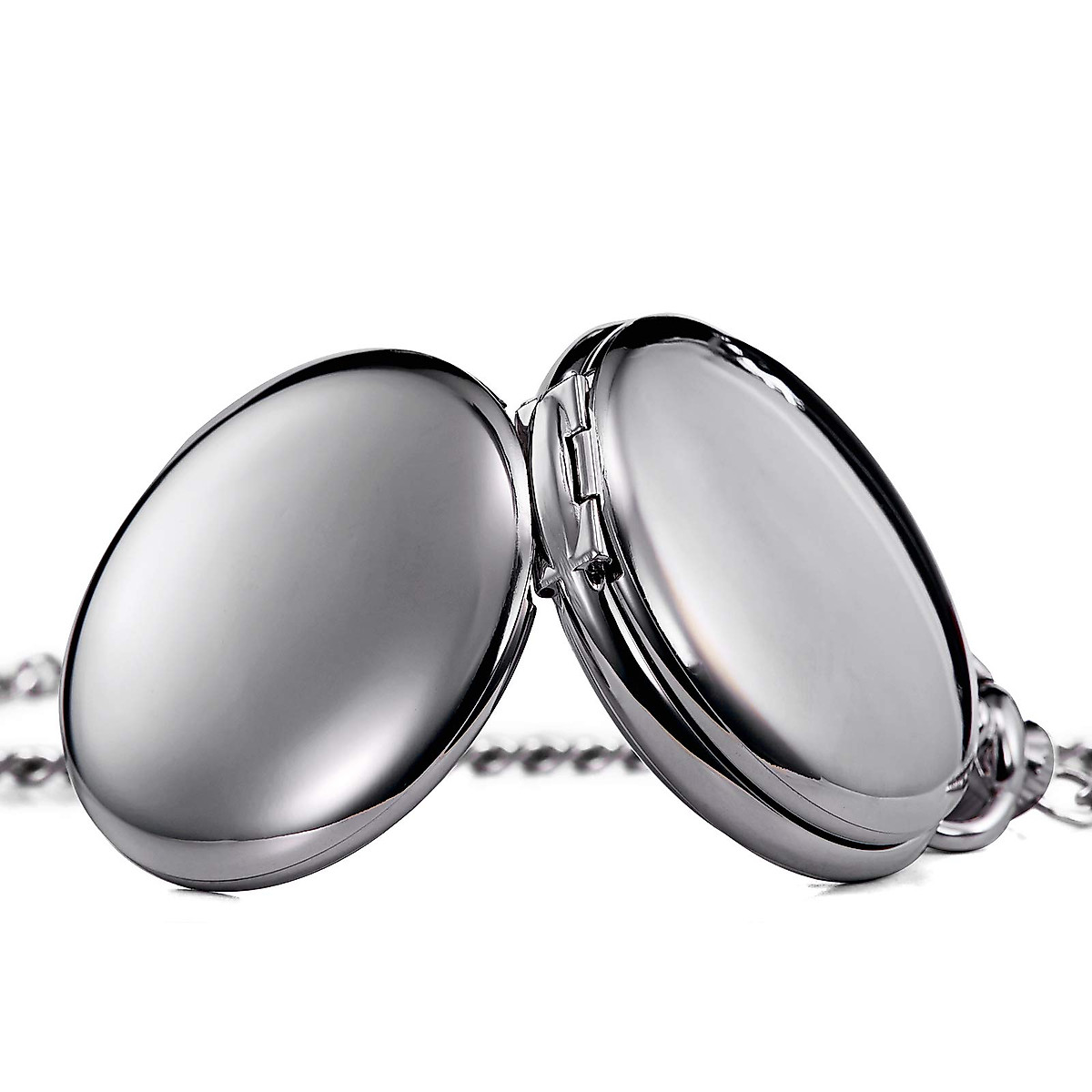 TREEWETO Pocket Watch - Smooth Double Case Series Skeleton Dial Delicate Mechanical Movement with Chain, Silver