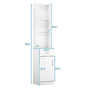 70.08inch Tall 3-Tier Bookcase with Drawers - White Narrow Bookcase with Cabinet , Open Storage Display Cabinet, 3-Cube Bookshelf for Living Room, Bedroom, Office 178 x 34 x 33 cm(L x W x H)