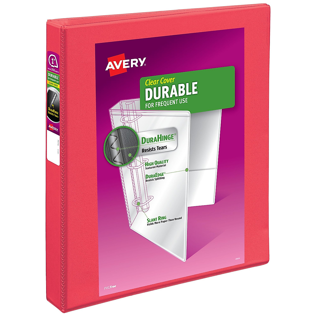 Avery Durable View 3 Ring Binder, 1 Inch Slant Rings, 250-Sheet Capacity, DuraHinge, 1.4 Inch Wide Spine, Customizable Clear Covers and Spine, 1 Bright Coral Pink Binder (17293)