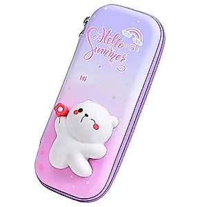 GANNEPIE 3D Decompression Stereo Cartoon Cute Pencil Case Holder EVA Carrying Pen Bag Pouch Simple Stationery for Adults Kids Purple Bear