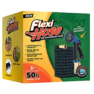 Flexi Hose with 8 Function Nozzle Expandable Garden Hose, Lightweight & No-Kink Flexible Garden Hose, 3/4 inch Solid Brass Fittings and Double Latex Core, 50 ft Blue Black