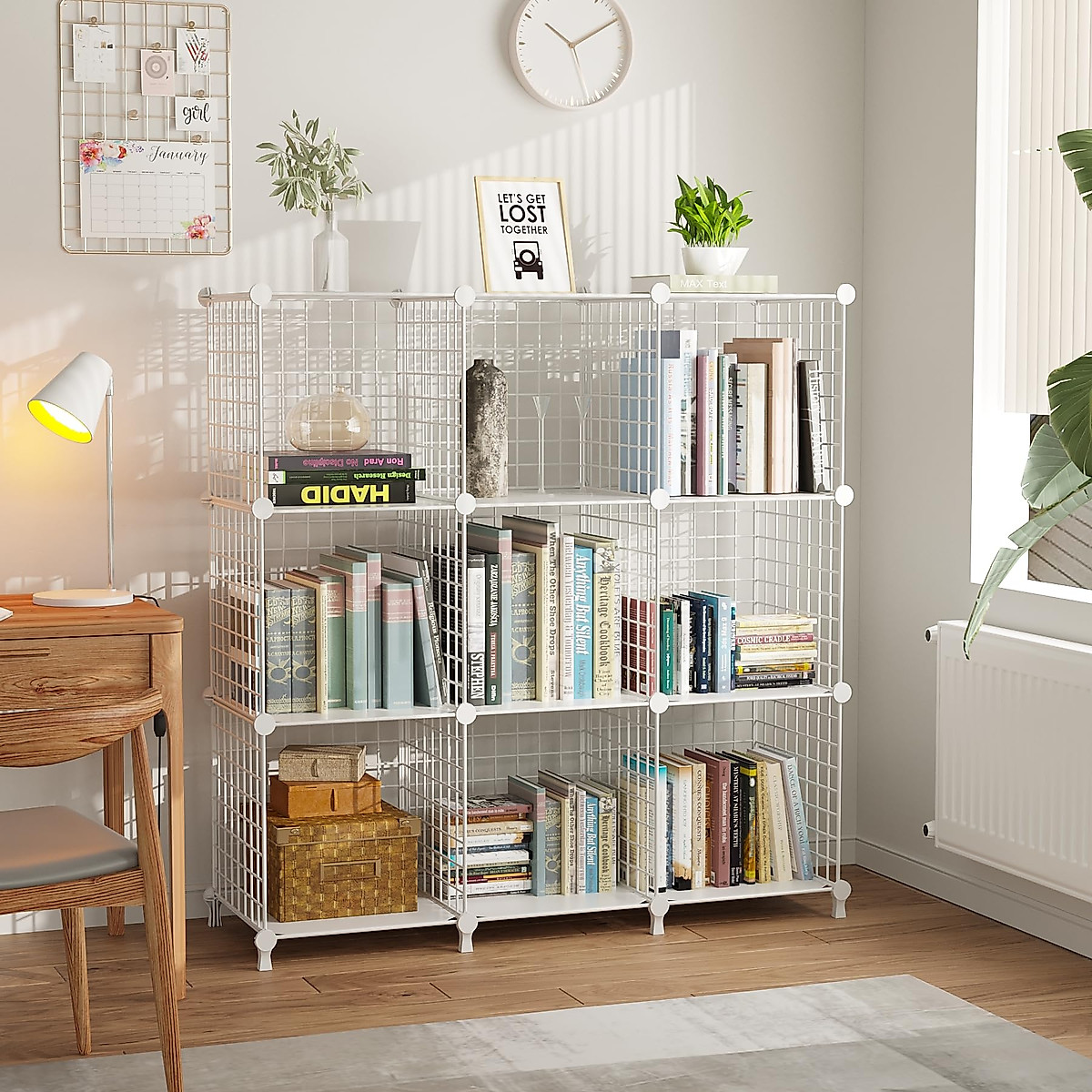 AWTATOS Wire Cube Storage Organizer, Closet Organizers and Storage, Metal 9 Cube Storage Shelves Bookshelf, Portable Closet Clothes Organizer for Bedroom, Home, Office, White