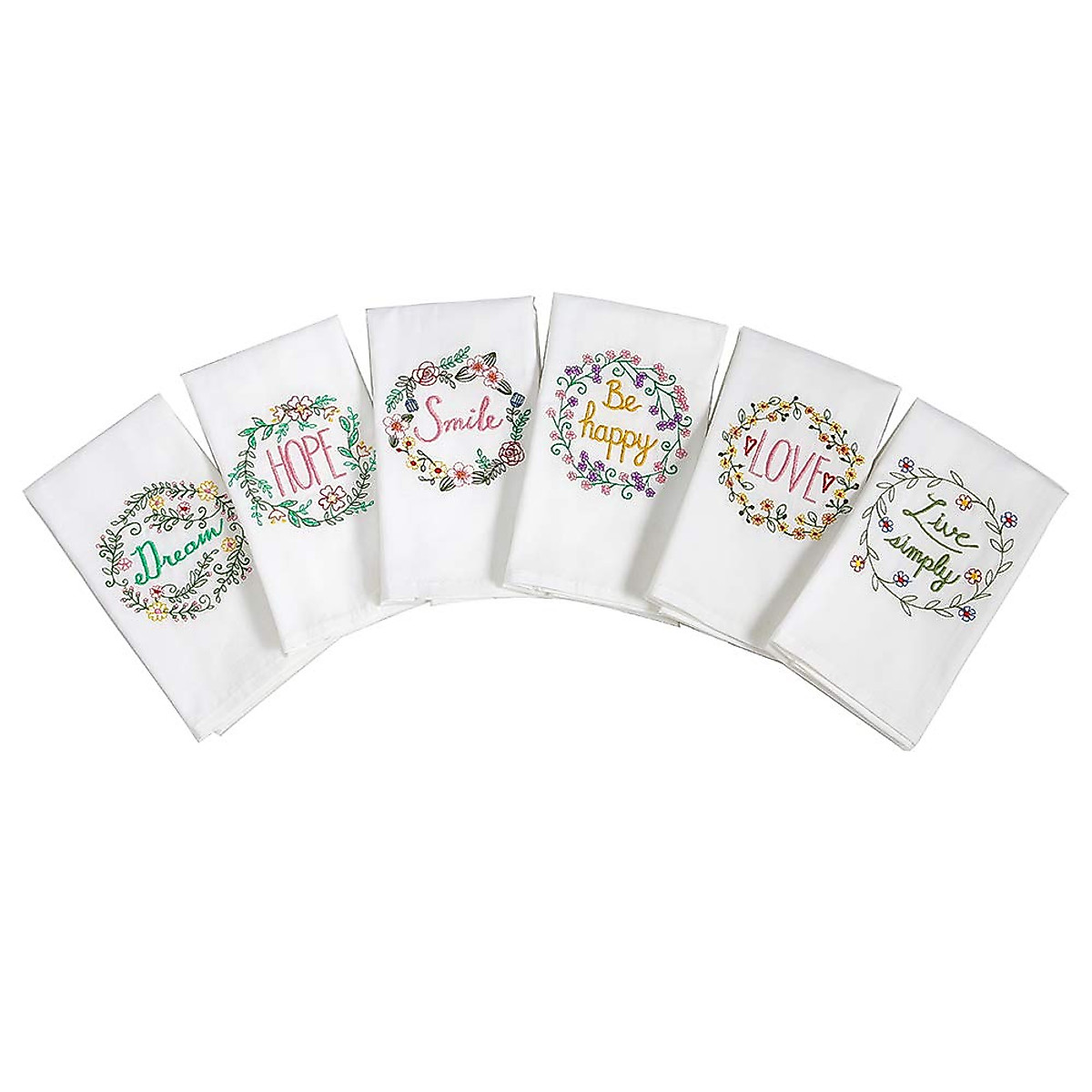 WINCSPACE Sweet and Cute Kitchen Towels Stitchwork with Dream Hope Smile Be Happy Love Live Simple 6 Set French Fry Flour Sack Tea Dish Towel(18INCH*28INCH) (6)