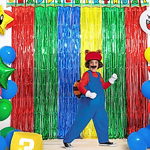 Super Bros Birthday Party Decoration, including 2Pack Red Green Blue Yellow Foil Fringe Curtains, 1pc Mario Themed Birthday Banner & 22pcs Balloons for Video Game Mario Theme Birthday Party Supplies