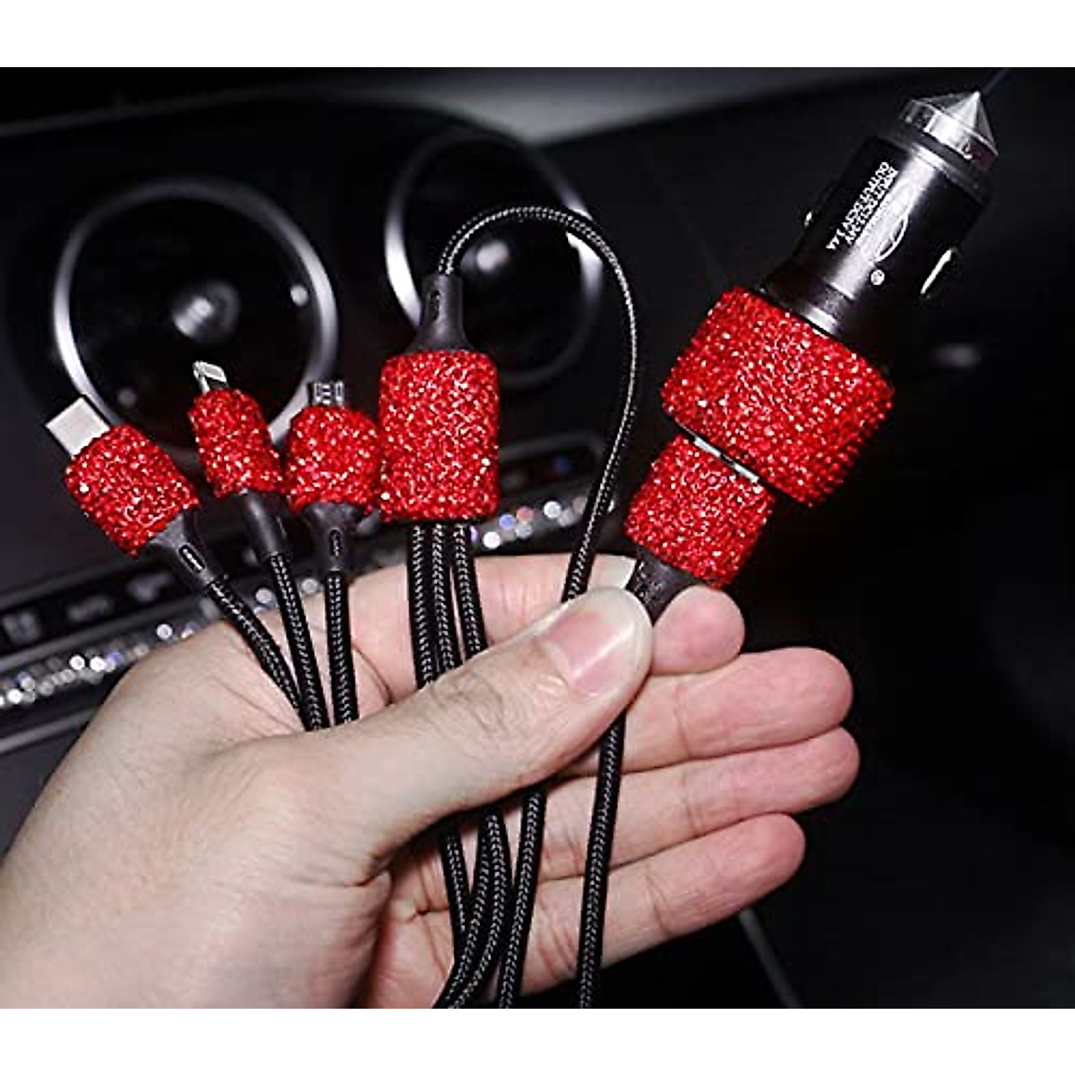 Bling Car Charger Accessories Set,Rhinestone Dual USB Car Chargers + Bling 3 in1 Nylon Braided Charging Cable,Bling Crystal Decoration Car Accessories Kits for Girl and Women (Red)