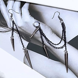 Black Spike Asymmetric Threader Drop Dangle Earrings for Women Men Teen Girls Boys Punk Personalized Cartilage No Pierced Cuff Long Chain Fish Hook Piercing Hanging Earrings for Boyfriend Daughter Son