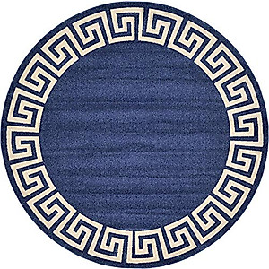 Unique Loom Athens Collection Classic Geometric Modern Border Design Area Rug, Round 8' 0" x 8' 0", Navy Blue/Beige