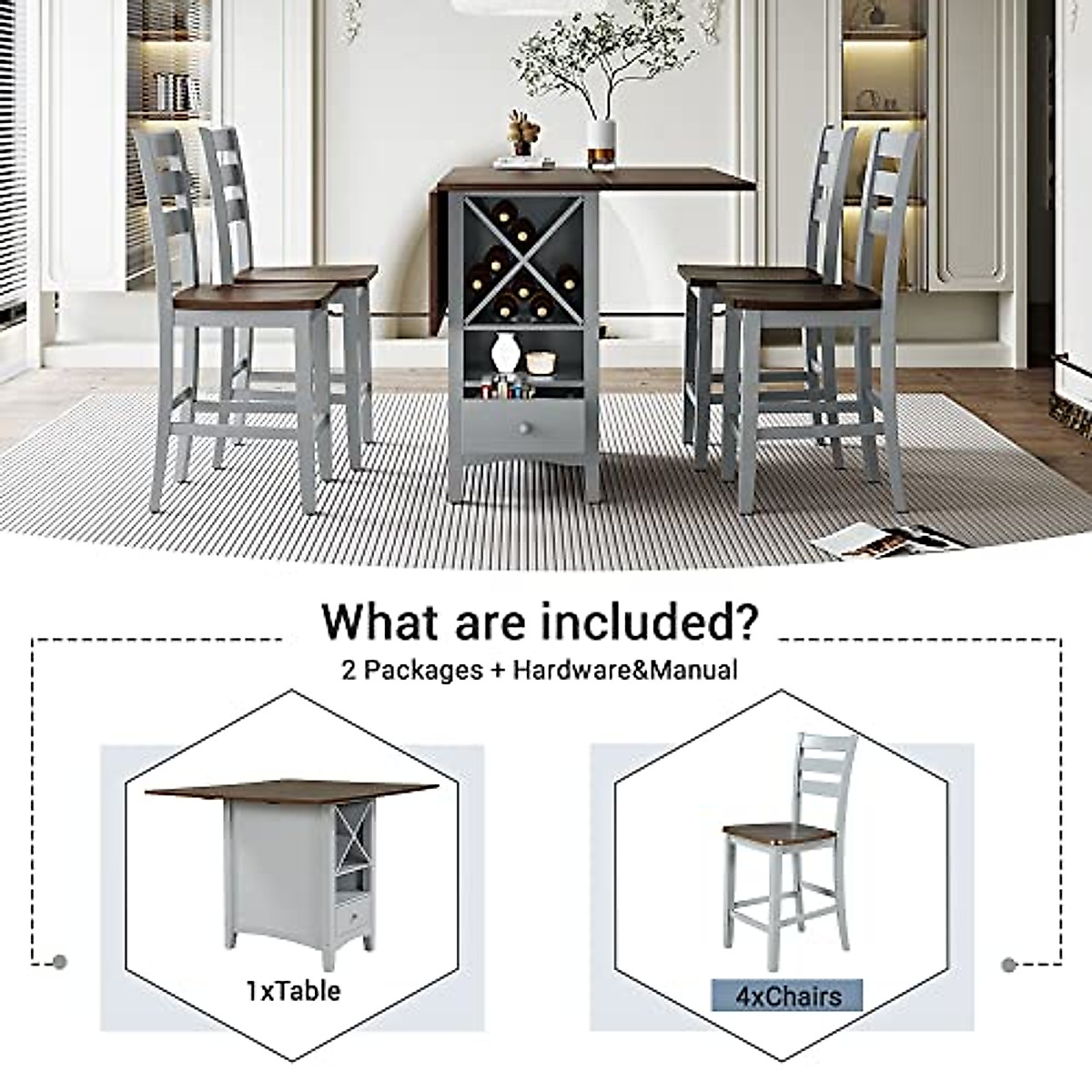 XD Designs Farmhouse 5-Piece Counter Height Dining Table Set, Soild Wood Drop Leaf Kitchen with Wine Rack & Drawers, 4 Chairs Ladder Full Back, Space-Saving (Cherry+Gray)