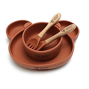 Red Panda Bamboo Silicone Suction Plate and Bowl Set with Spoon and Fork BPA Free Divider Kids Plate Bear Plate Bear Bowl Animal plate Microwave Safe Dishwasher Safe