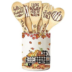 pinata Fall Kitchen Decor, Kitchen Utensil Holder for Countertop, Truck Pumpkin Kitchen Cooking Utensils Set with Holder, Kitchen Utensil Organizer with Bamboo Utensils(5.12" x 5.12" x 6.3")