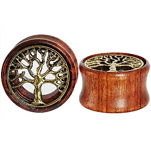 Oasis Plus Tree of Life Organic Wood Flesh Tunnels Double Flared Ear Stretcher Saddle Plugs Gauge 8mm 0g