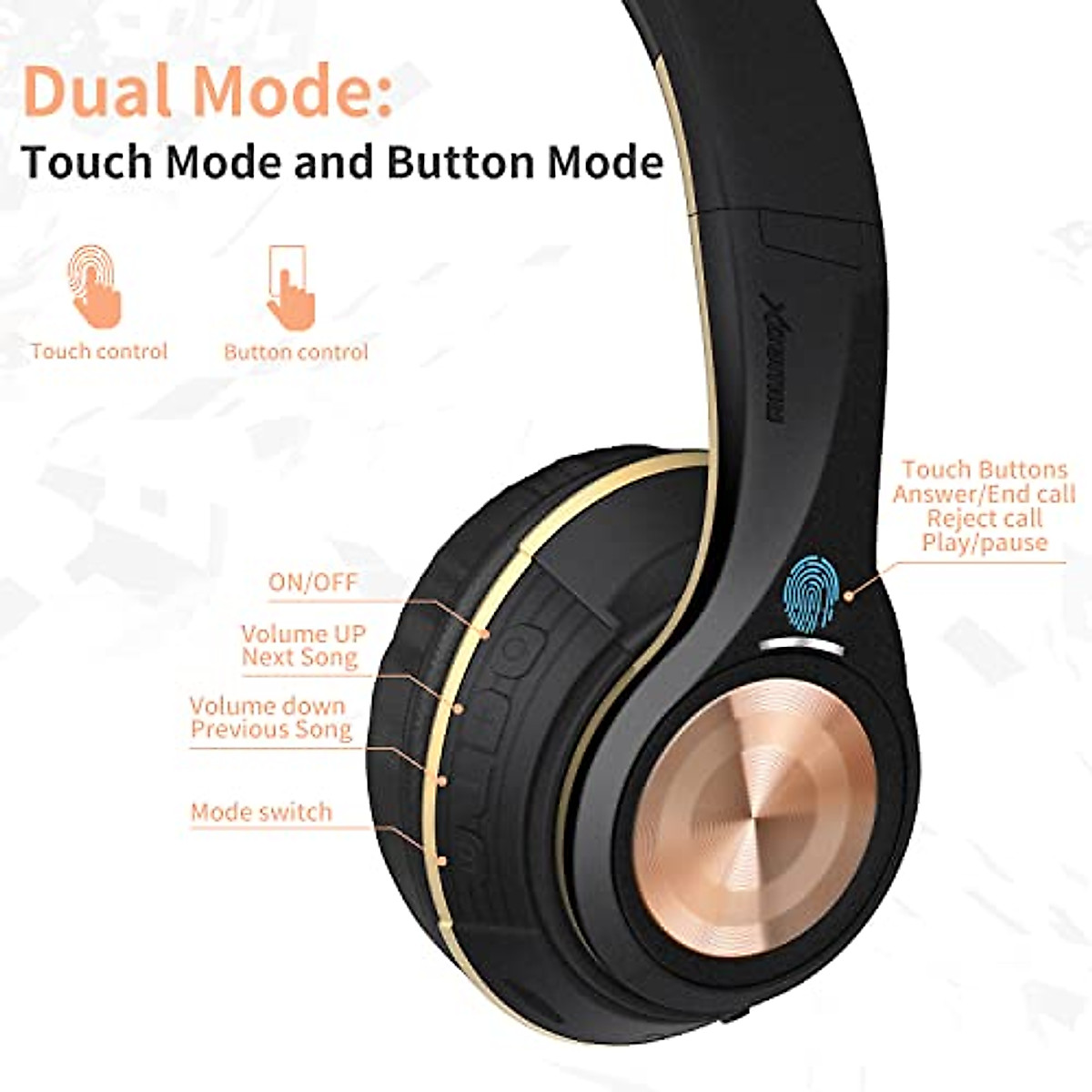 Riwbox TX8 Bluetooth Headphones, Over Ear Headphones, HiFi Stereo, with Touch Control and mic, Soft Earmuffs/Foldable/SD/TF, 40H Playtime, for iPhone and Android, Great for Music/OFC/Tour/Gym/Game