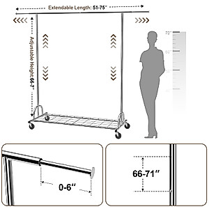 UEAKPIC Clothes Rack Heavy Duty Load 480lbs, Metal Grament Rack With Extensible Size, Rolling Clothing Rack 2-In-1 With Sturdy Wheels & Shelves For Hanging Clothes, Collapsible Wardrobe Rack,Chrome